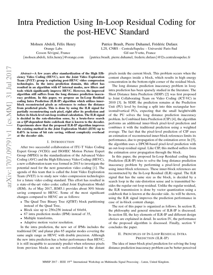 Intra Prediction Using In Loop Residual Coding For The Post Hevc Standard Deepai