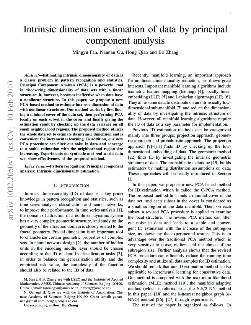 Intrinsic dimension estimation of data by principal component analysis ...