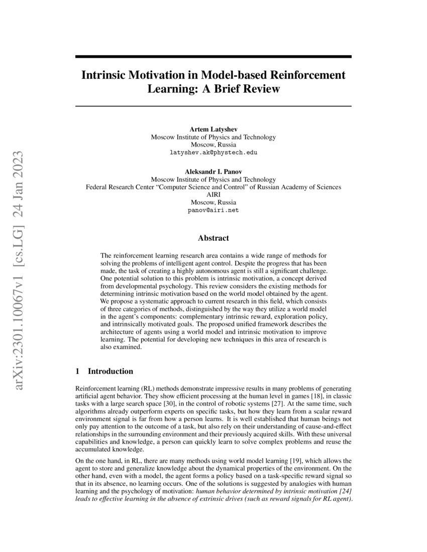 Intrinsic Motivation in Model-based Reinforcement Learning: A Brief ... Intrinsic Motivation in Model-based Reinforcement Learning: A Brief ...