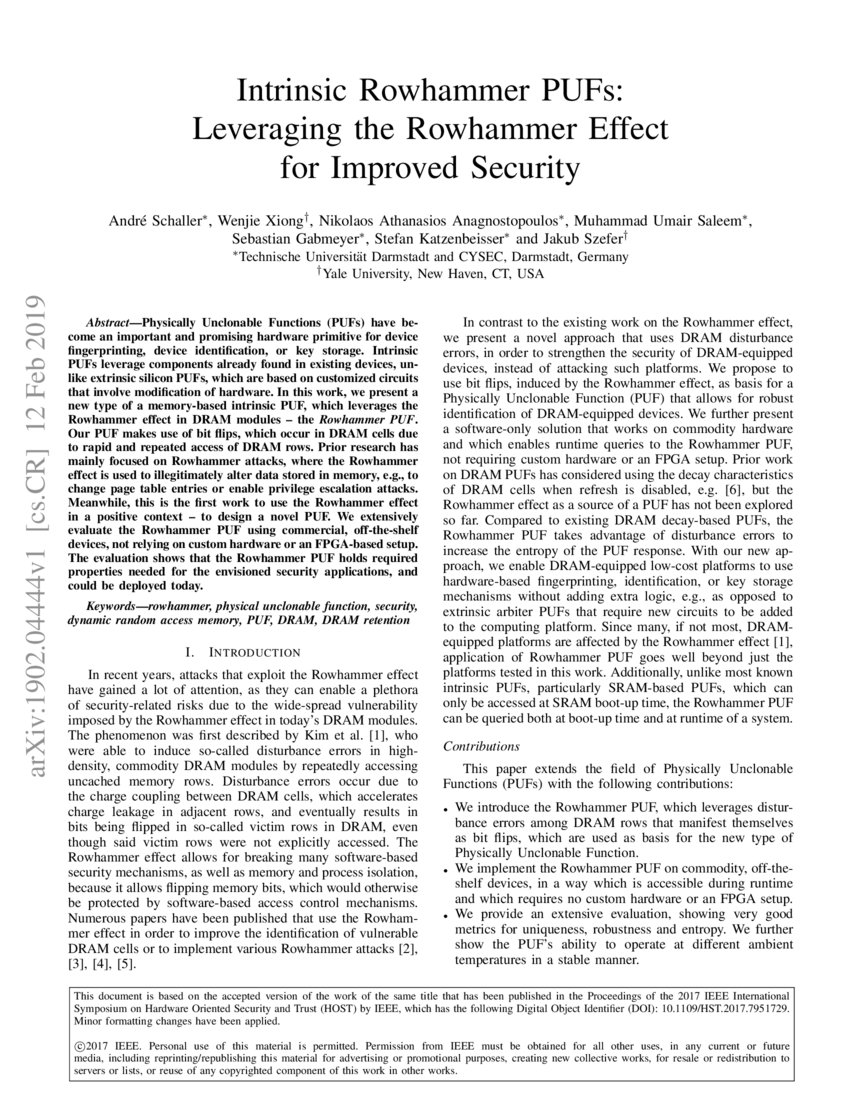 Intrinsic Rowhammer Pufs Leveraging The Rowhammer Effect For Improved