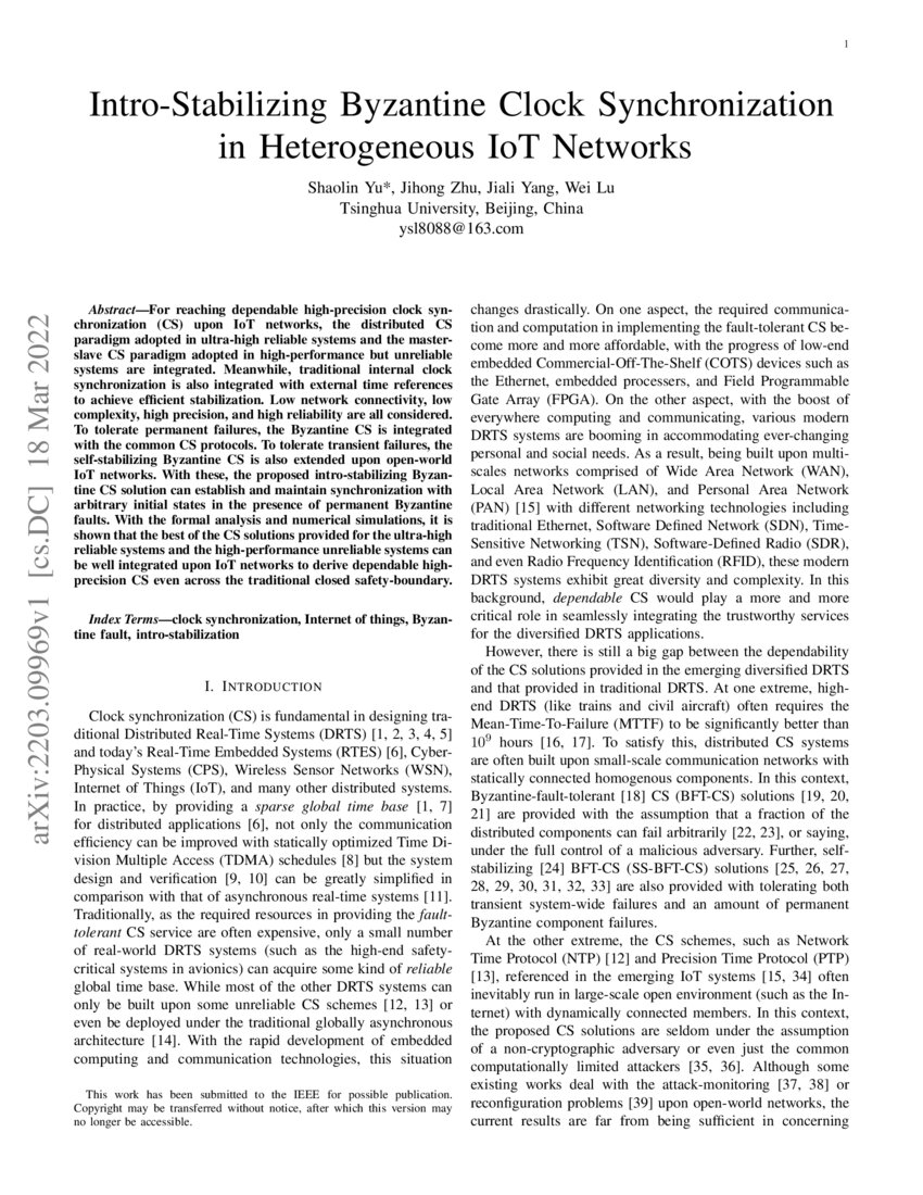 Intro-Stabilizing Byzantine Clock Synchronization in Heterogeneous IoT Networks | DeepAI