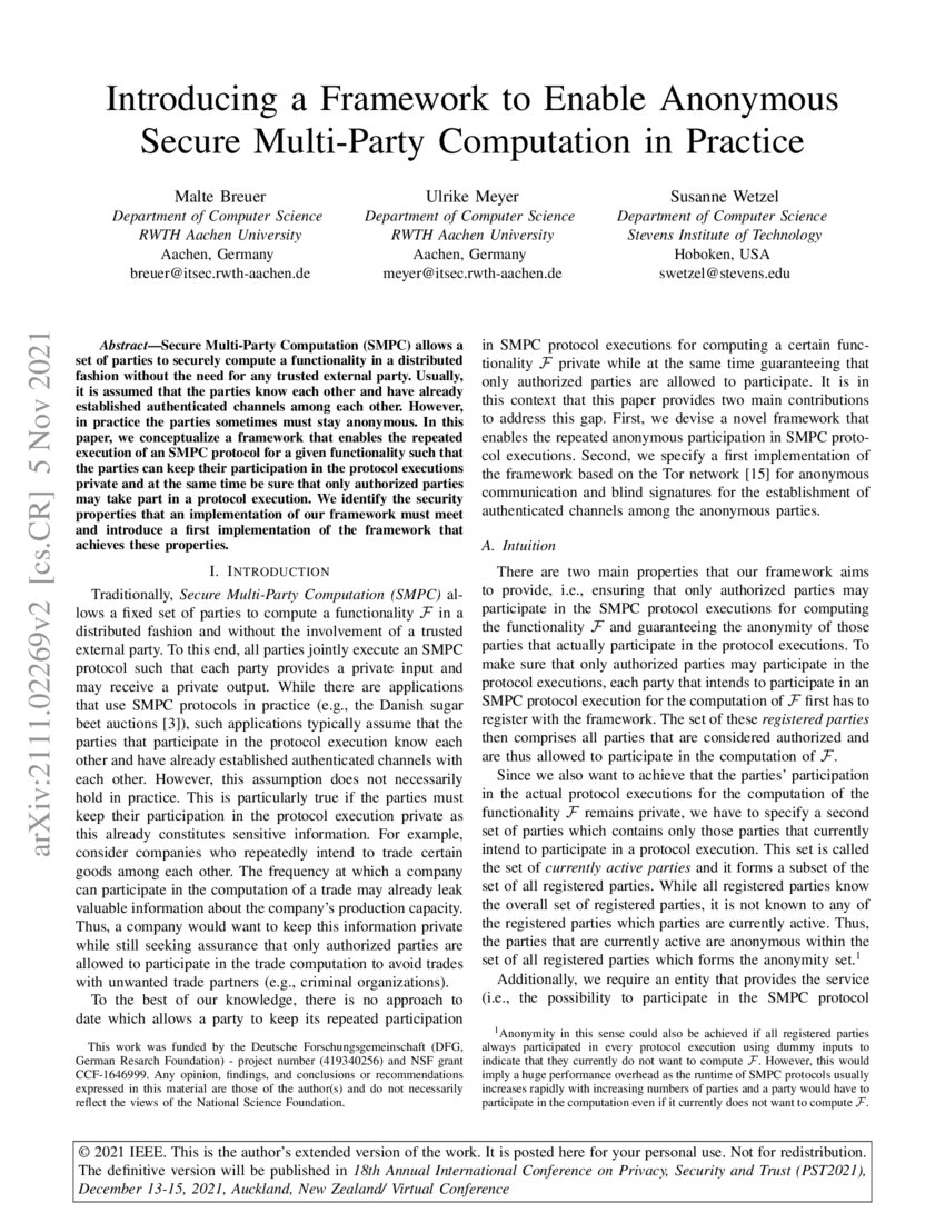 Introducing A Framework To Enable Anonymous Secure Multi Party Computation In Practice Deepai