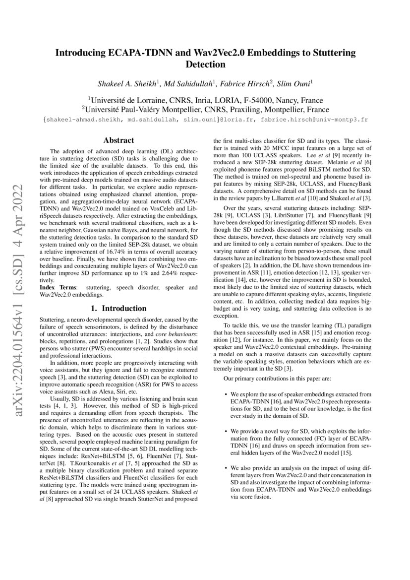 Introducing Ecapa Tdnn And Wav2vec2 0 Embeddings To Stuttering Detection Deepai
