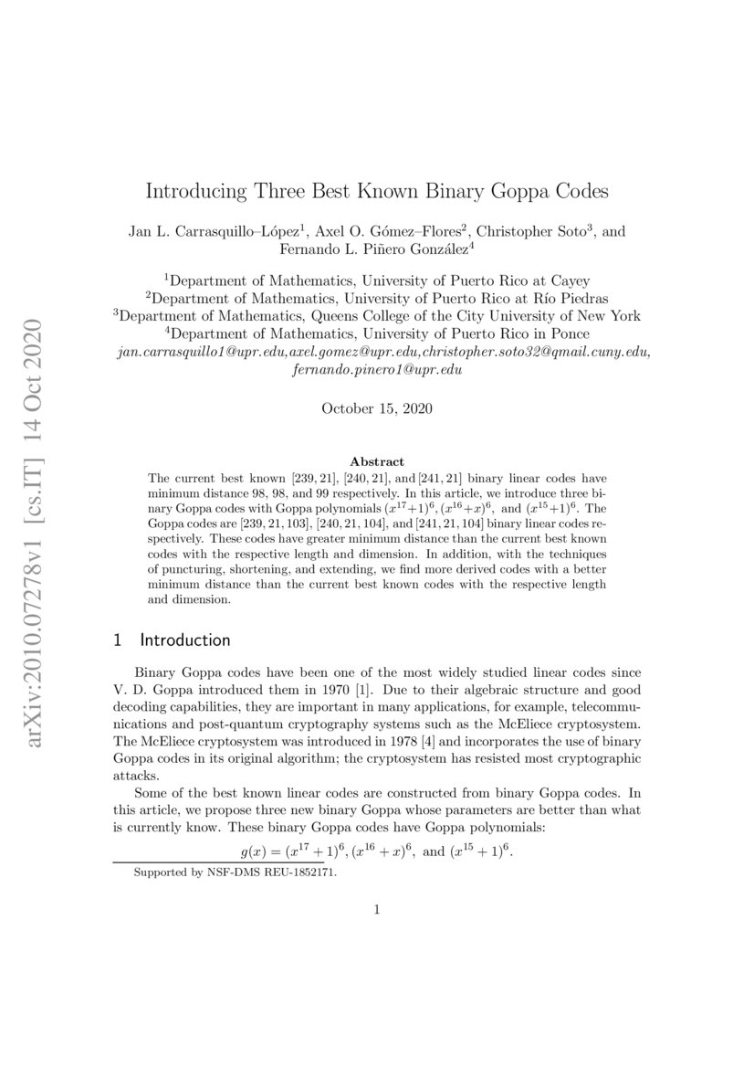 Introducing Three Best Known Goppa Codes | DeepAI