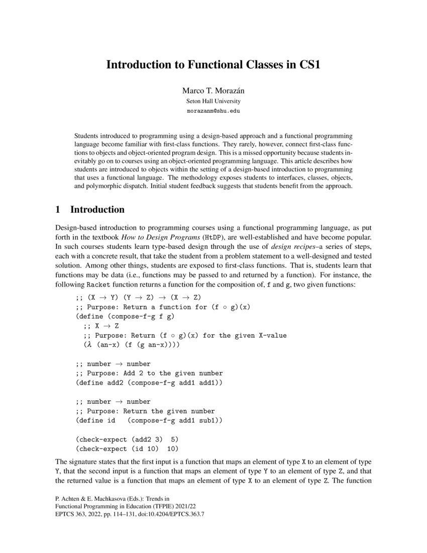 Introduction to Functional Classes in CS1 | DeepAI