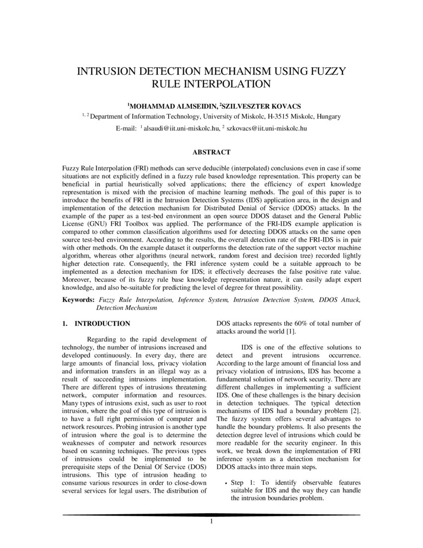 Intrusion Detection Mechanism Using Fuzzy Rule Interpolation | DeepAI