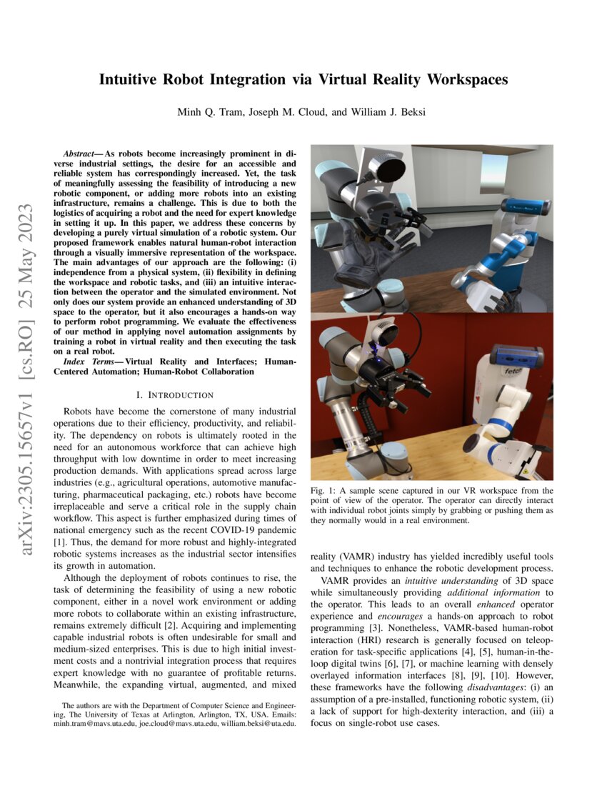 Intuitive Robot Integration via Virtual Reality Workspaces | DeepAI