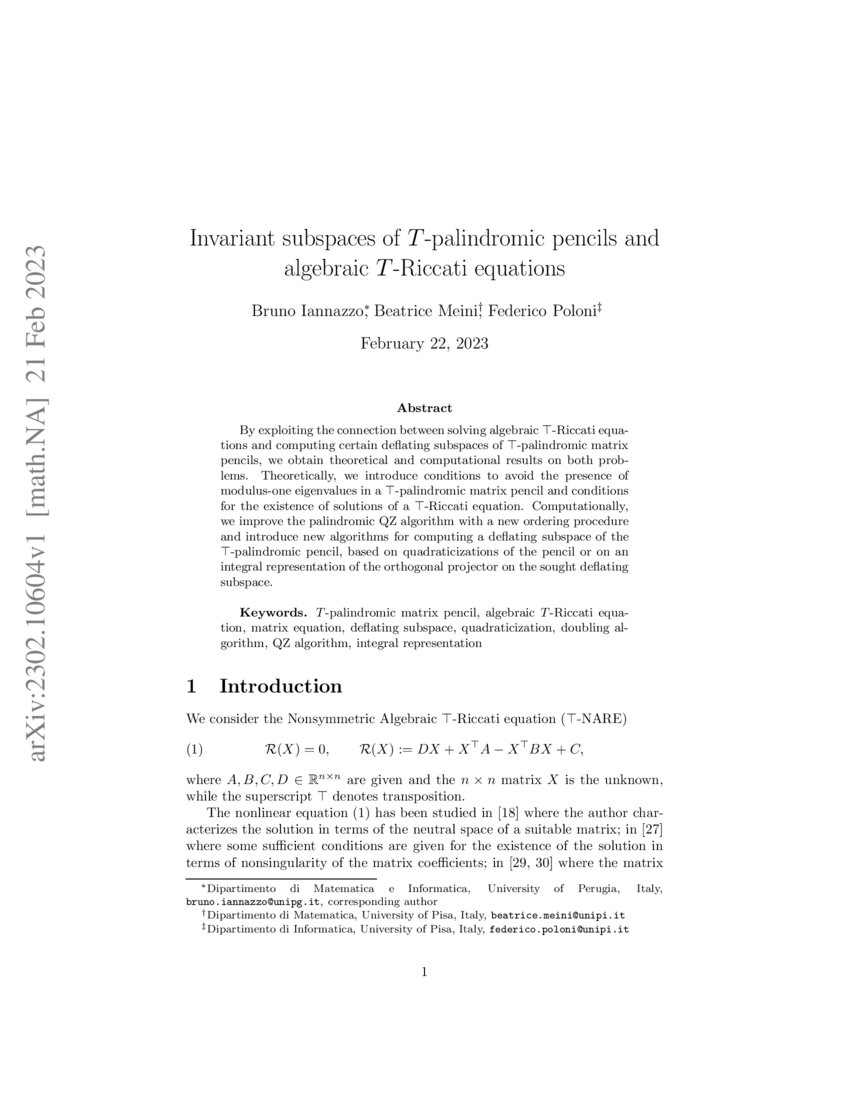 Invariant Subspaces Of T Palindromic Pencils And Algebraic T Riccati Equations Deepai