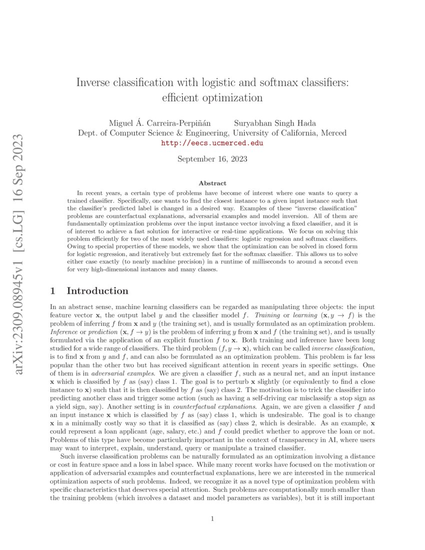 Inverse Classification With Logistic And Softmax Classifiers Efficient Optimization Deepai 