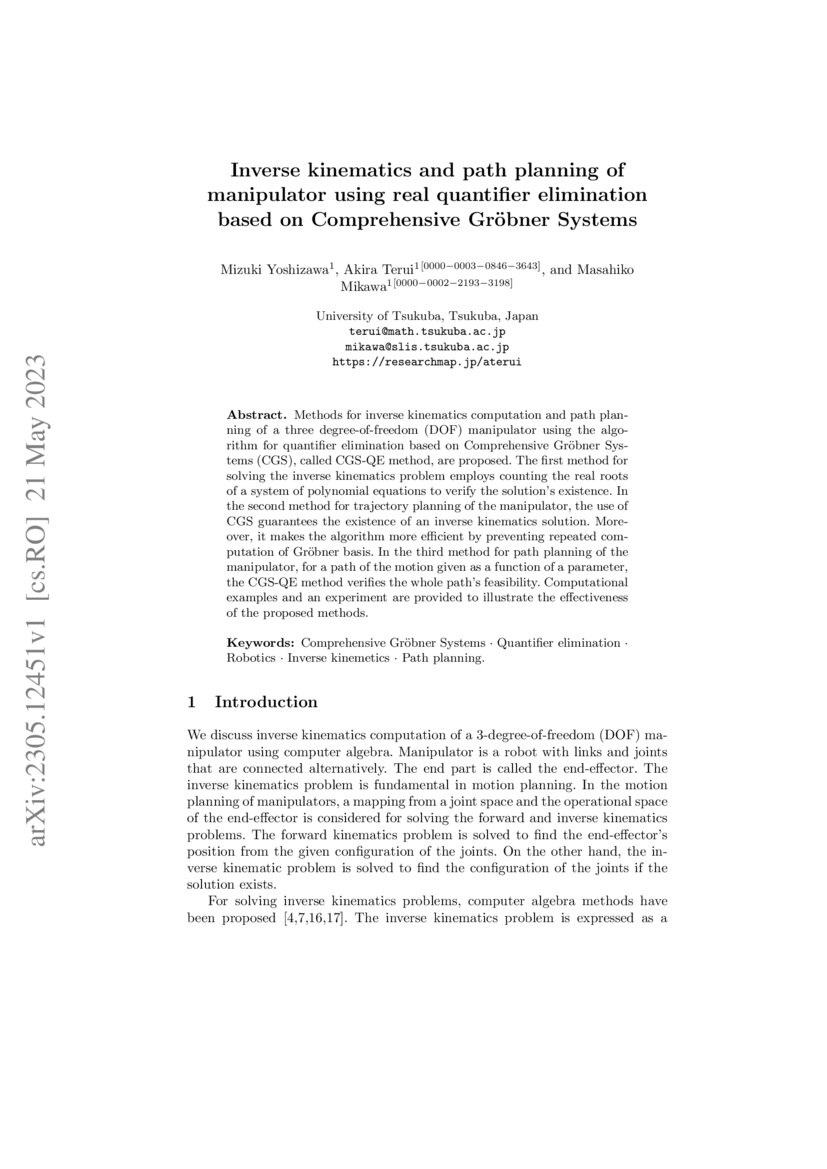 Inverse Kinematics And Path Planning Of Manipulator Using Real Quantifier Elimination Based On 1721