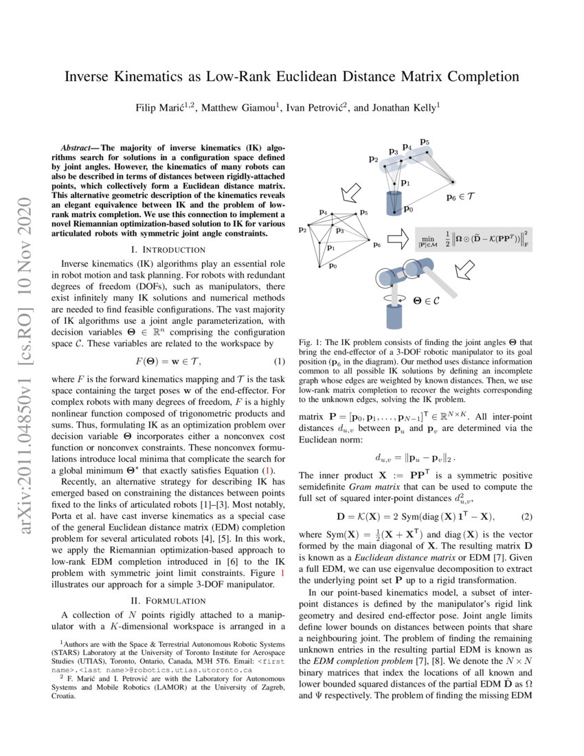 Inverse Kinematics as Low-Rank Euclidean Distance Matrix Completion | DeepAI