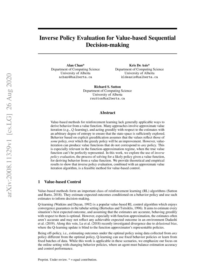 Inverse Policy Evaluation for Value-based Sequential Decision-making ... Inverse Policy Evaluation for Value-based Sequential Decision-making ...