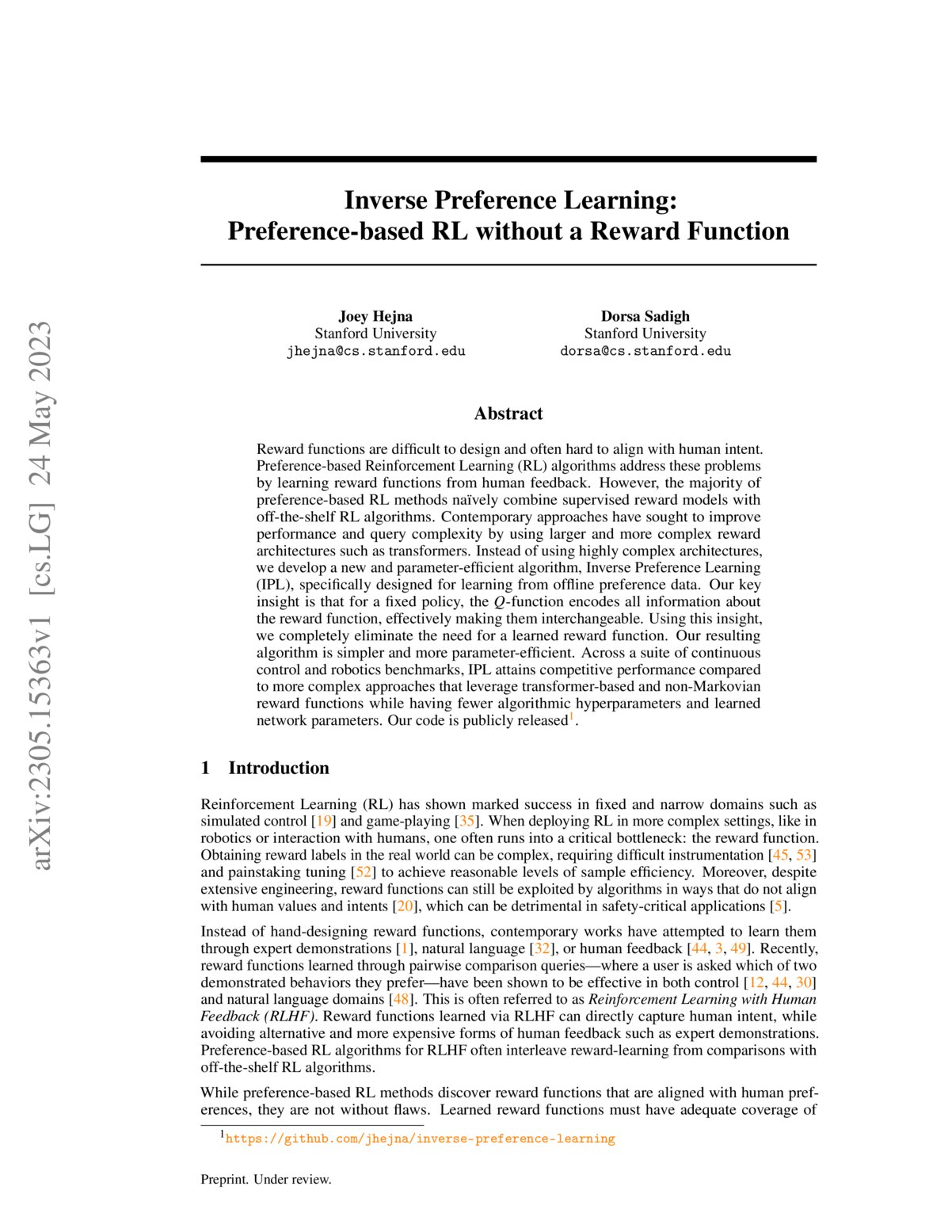 Inverse Preference Learning Preference Based Rl Without A Reward