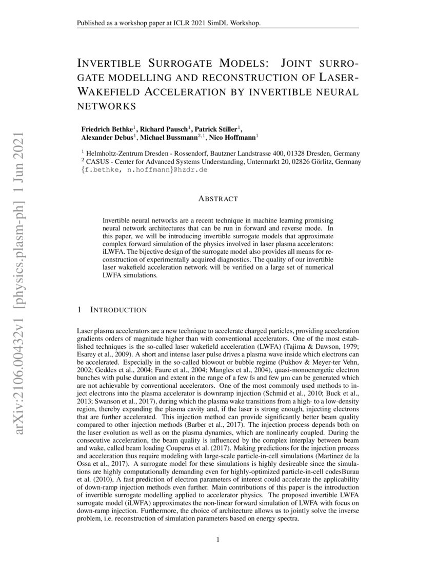 Invertible Surrogate Models: Joint surrogate modelling and reconstruction of Laser-Wakefield ...