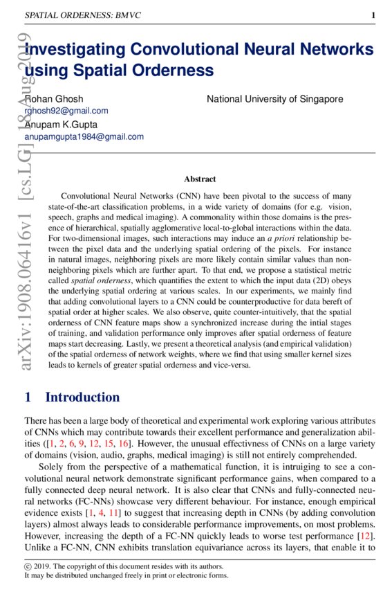 Investigating Convolutional Neural Networks using Spatial Orderness | DeepAI