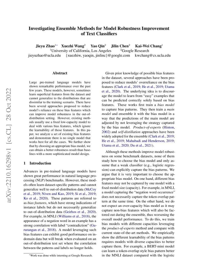 Investigating Ensemble Methods For Model Robustness Improvement Of Text Classifiers Deepai