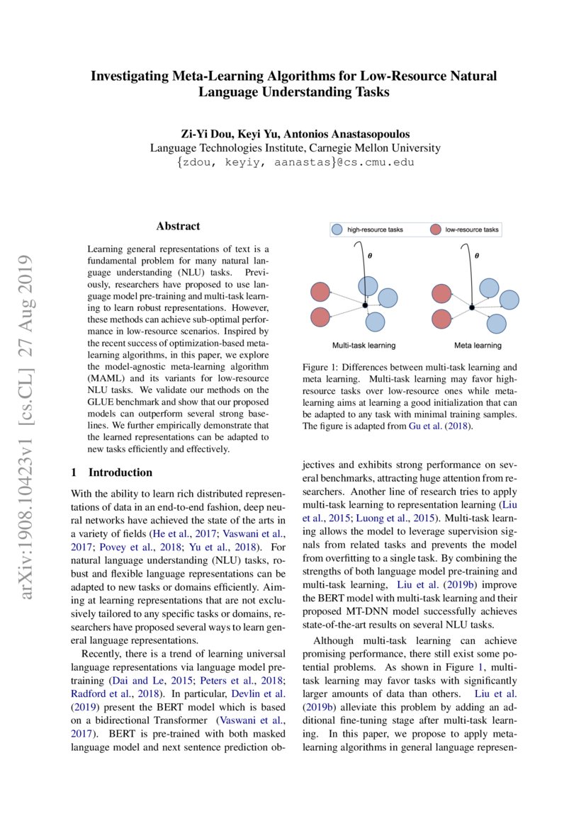 Investigating Meta Learning Algorithms For Low Resource Natural Language Understanding Tasks