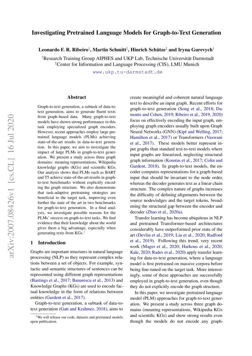 Investigating Pretrained Language Models for Graph-to-Text Generation | DeepAI