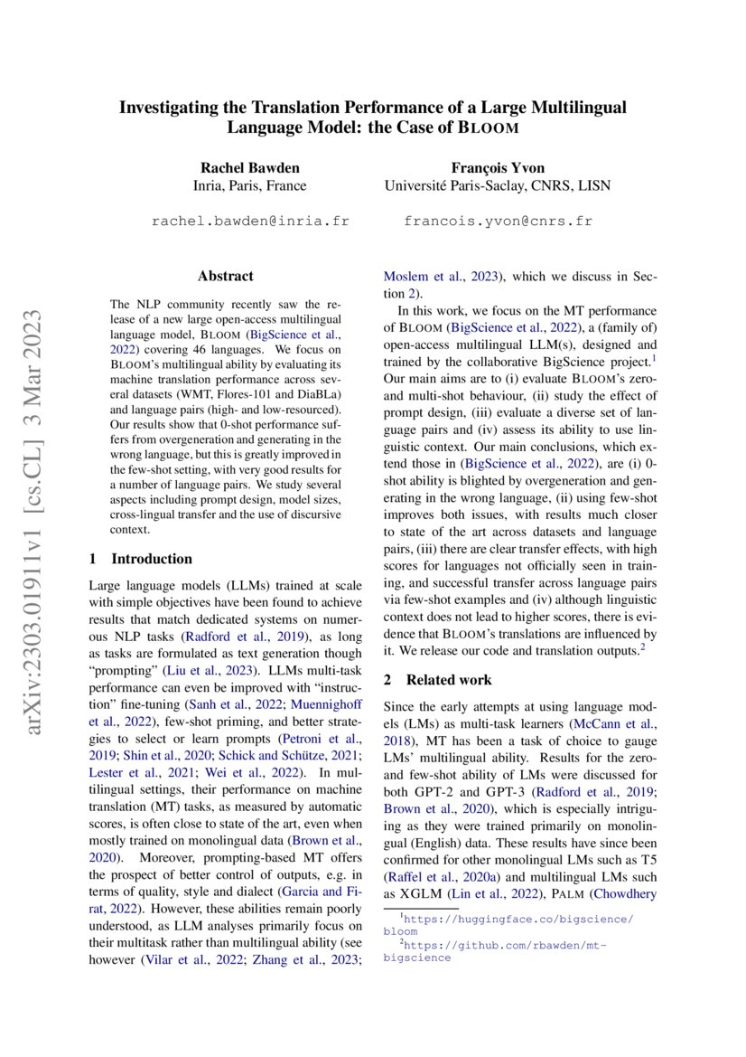 Investigating The Translation Performance Of A Large Multilingual Language Model The Case Of
