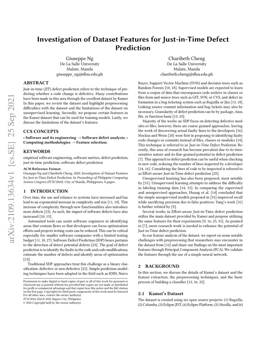 Investigation Of Dataset Features For Just In Time Defect Prediction