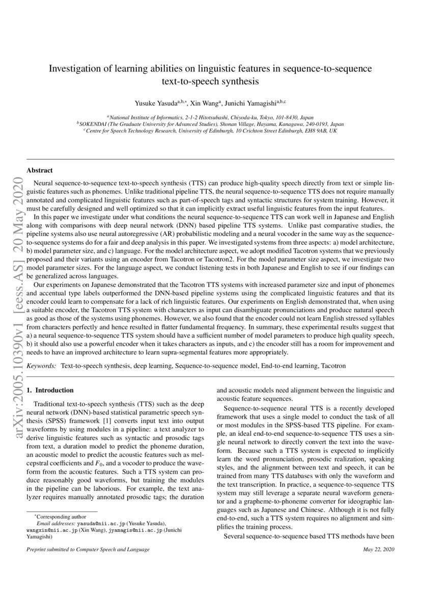 Investigation Of Learning Abilities On Linguistic Features In Sequence To Sequence Text To