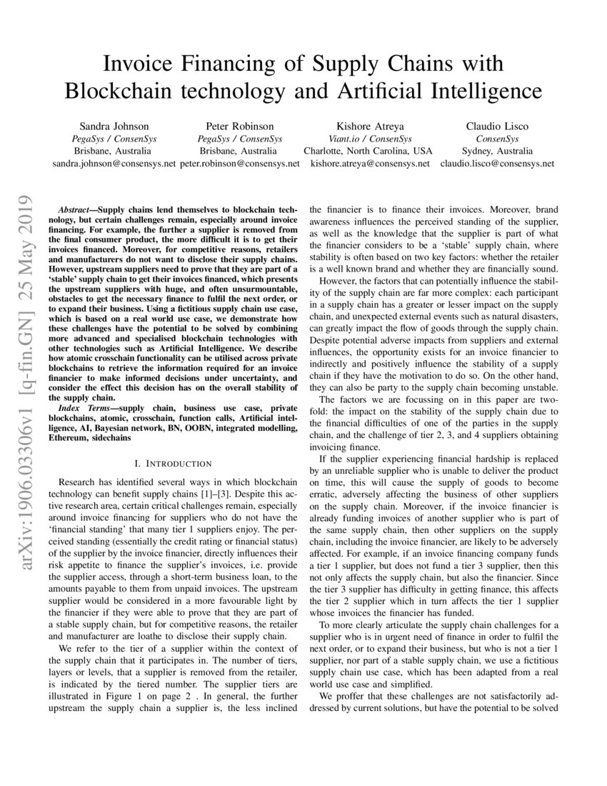 Invoice Financing of Supply Chains with Blockchain technology and ...