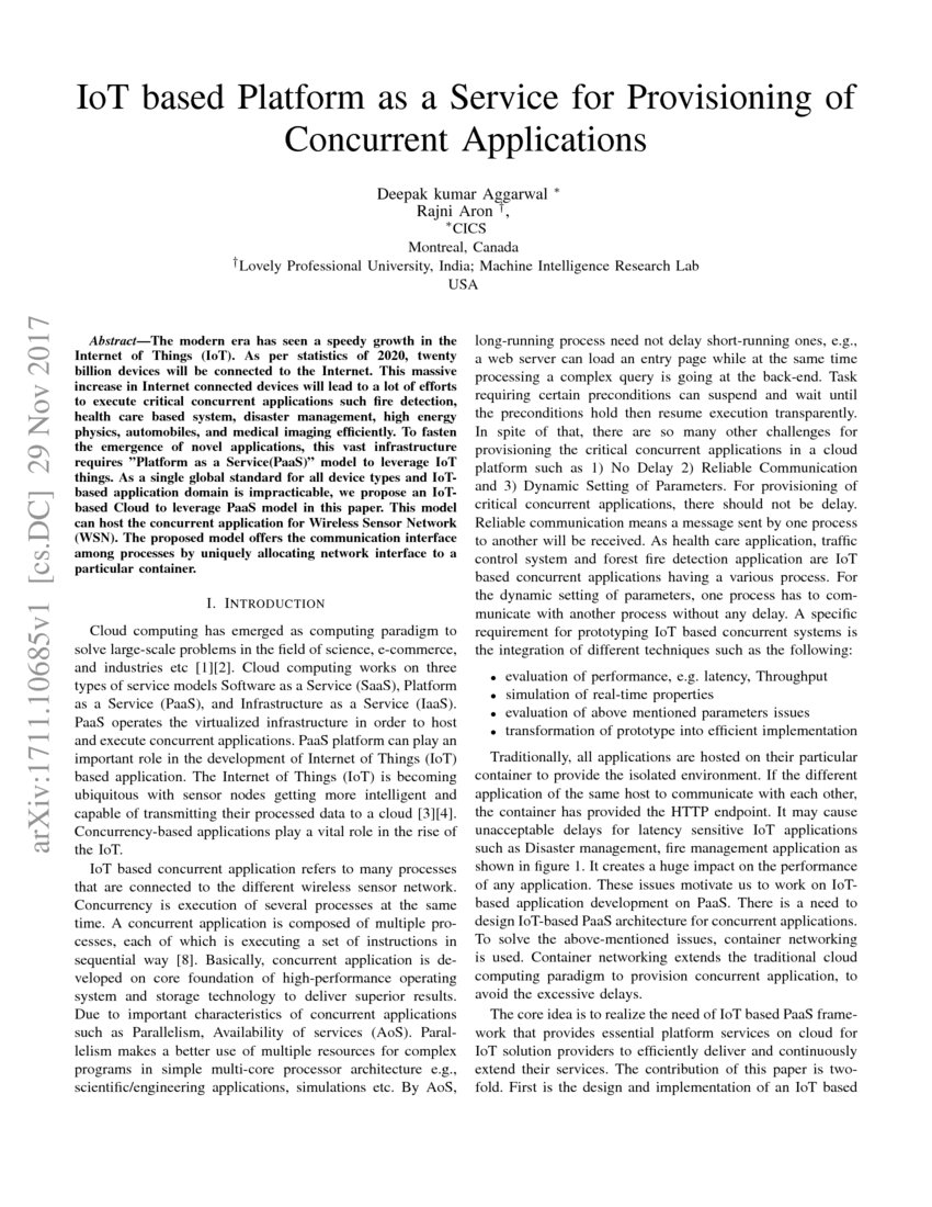 Iot Based Platform As A Service For Provisioning Of Concurrent Applications Deepai