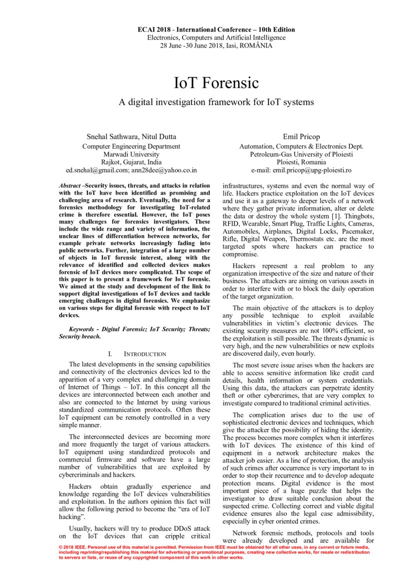 IoT Forensic – A digital investigation framework for IoT systems | DeepAI