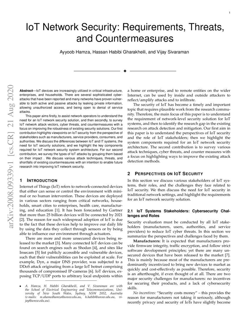 IoT Network Security: Requirements, Threats, and Countermeasures | DeepAI