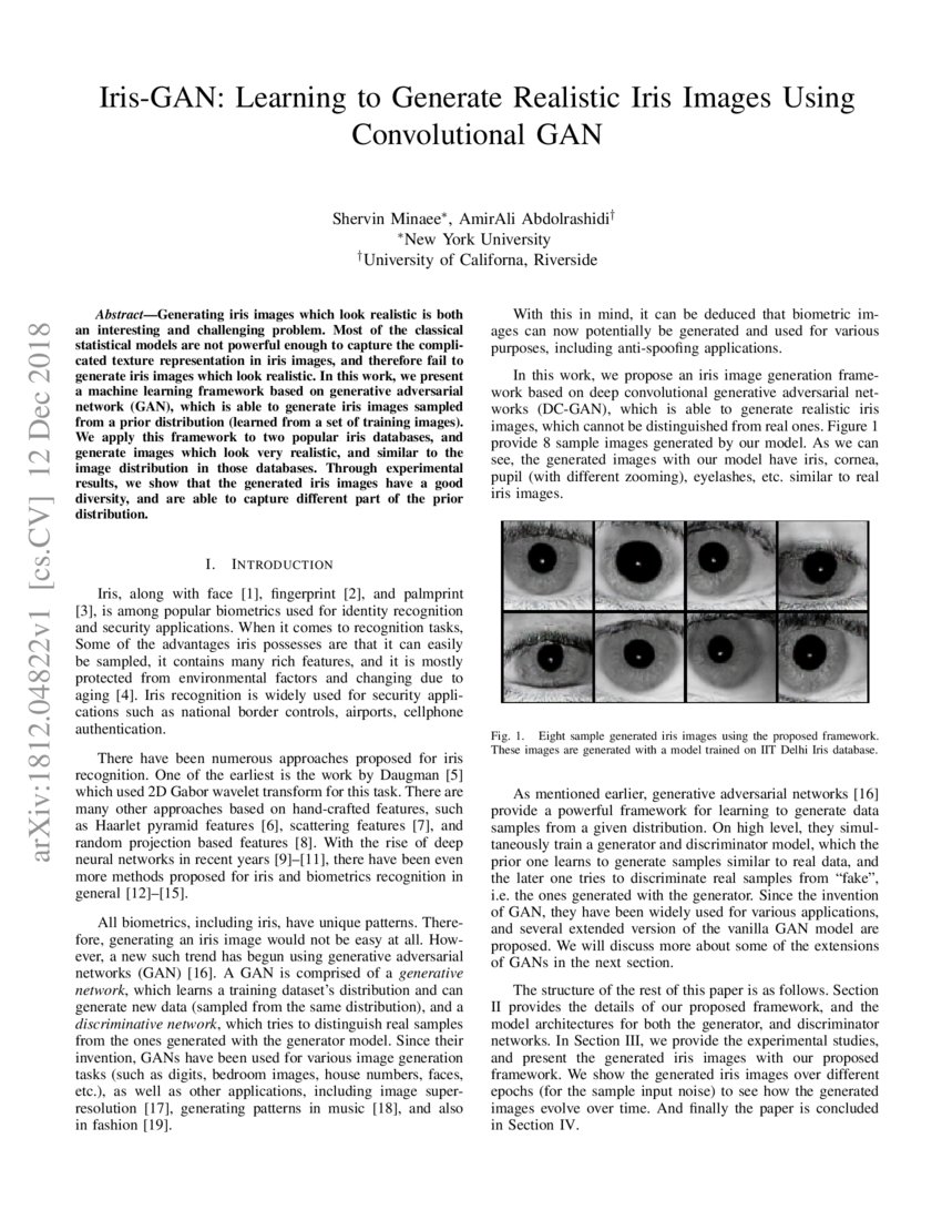 Iris-GAN: Learning to Generate Realistic Iris Images Using Convolutional GAN | DeepAI
