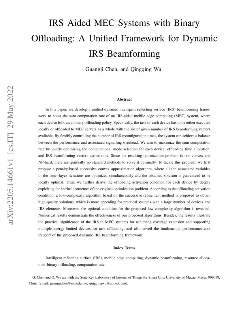 IRS Aided MEC Systems with Binary Offloading: A Unified Framework for ... IRS Aided MEC Systems with Binary Offloading: A Unified Framework for ...