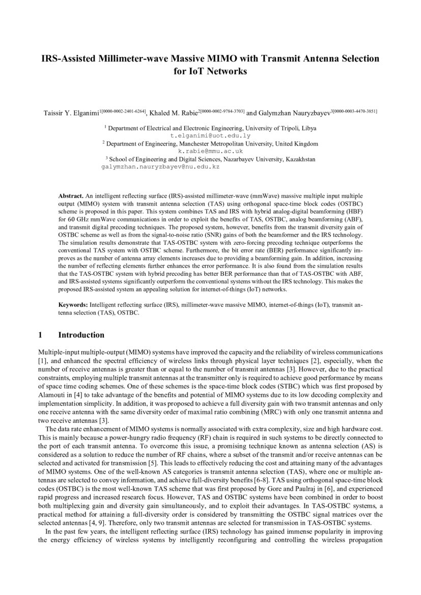 IRS-Assisted Millimeter-wave Massive MIMO with Transmit Antenna Selection for IoT Networks | DeepAI