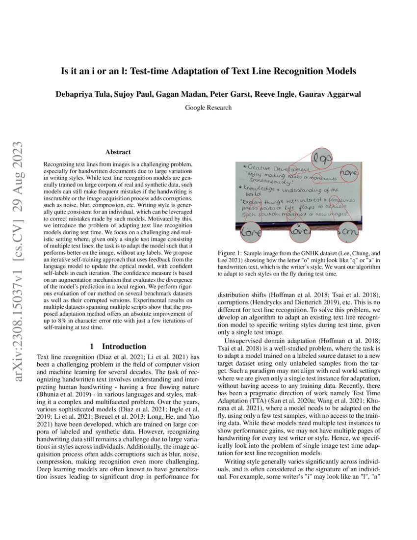 Is It An I Or An L Test Time Adaptation Of Text Line Recognition Models Deepai 