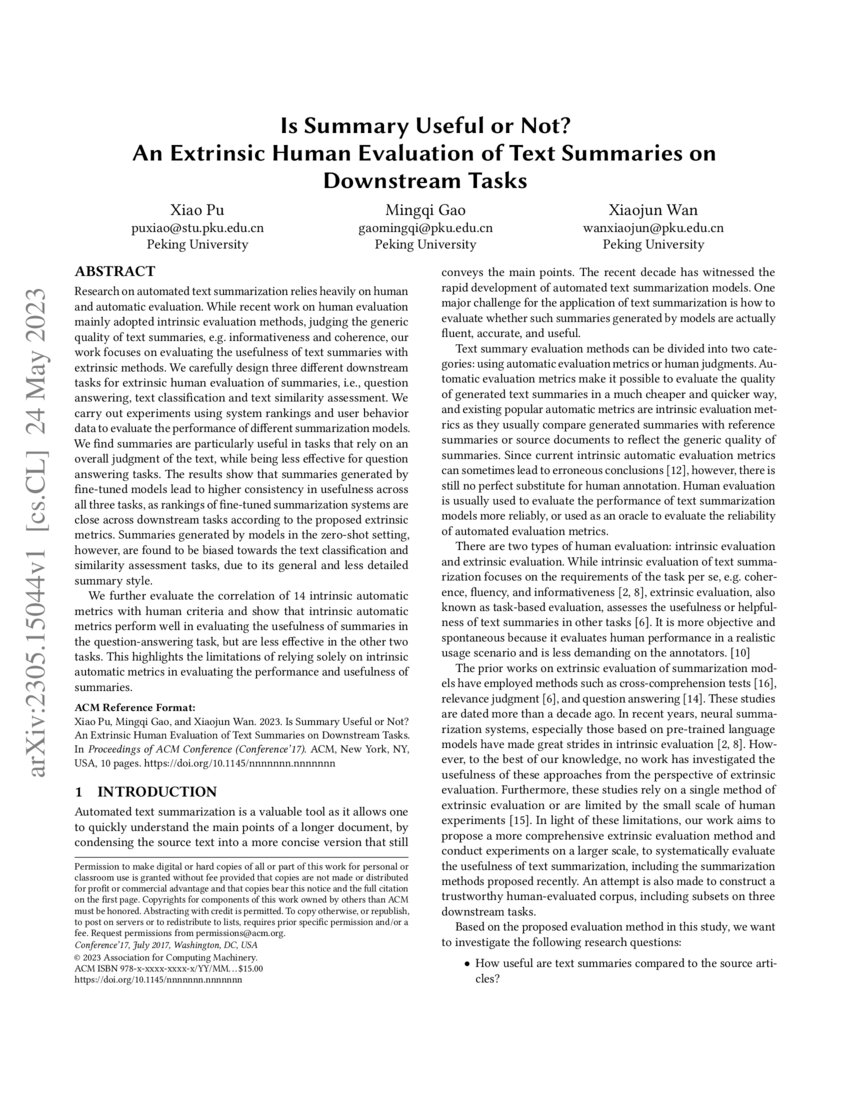 Is Summary Useful Or Not An Extrinsic Human Evaluation Of Text Summaries On Downstream Tasks