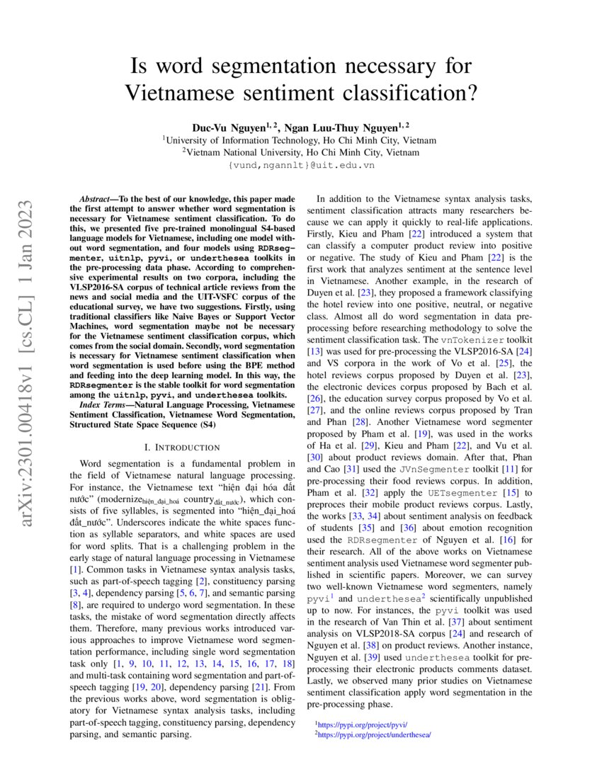 Is Word Segmentation Necessary For Vietnamese Sentiment Classification