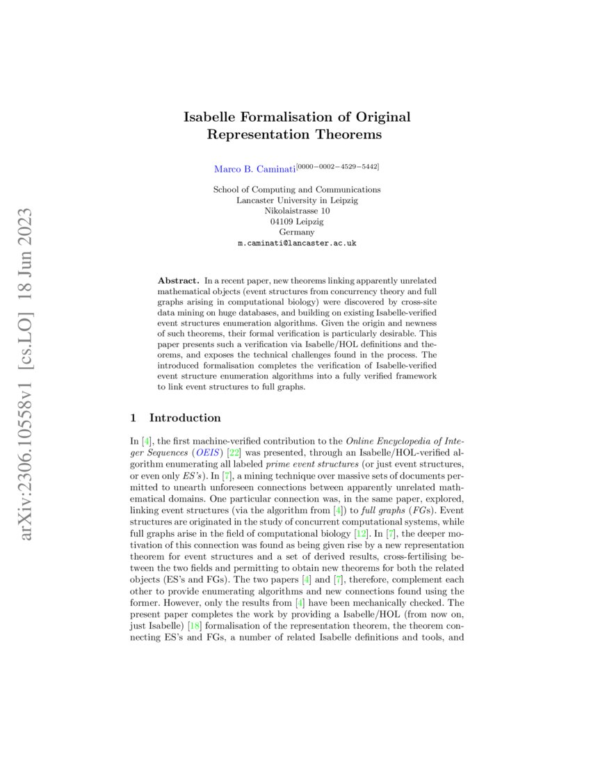 Isabelle Formalisation of Original Representation Theorems | DeepAI