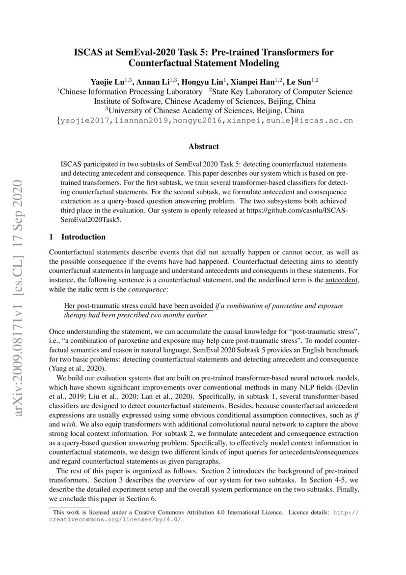 ISCAS at SemEval-2020 Task 5: Pre-trained Transformers for ...