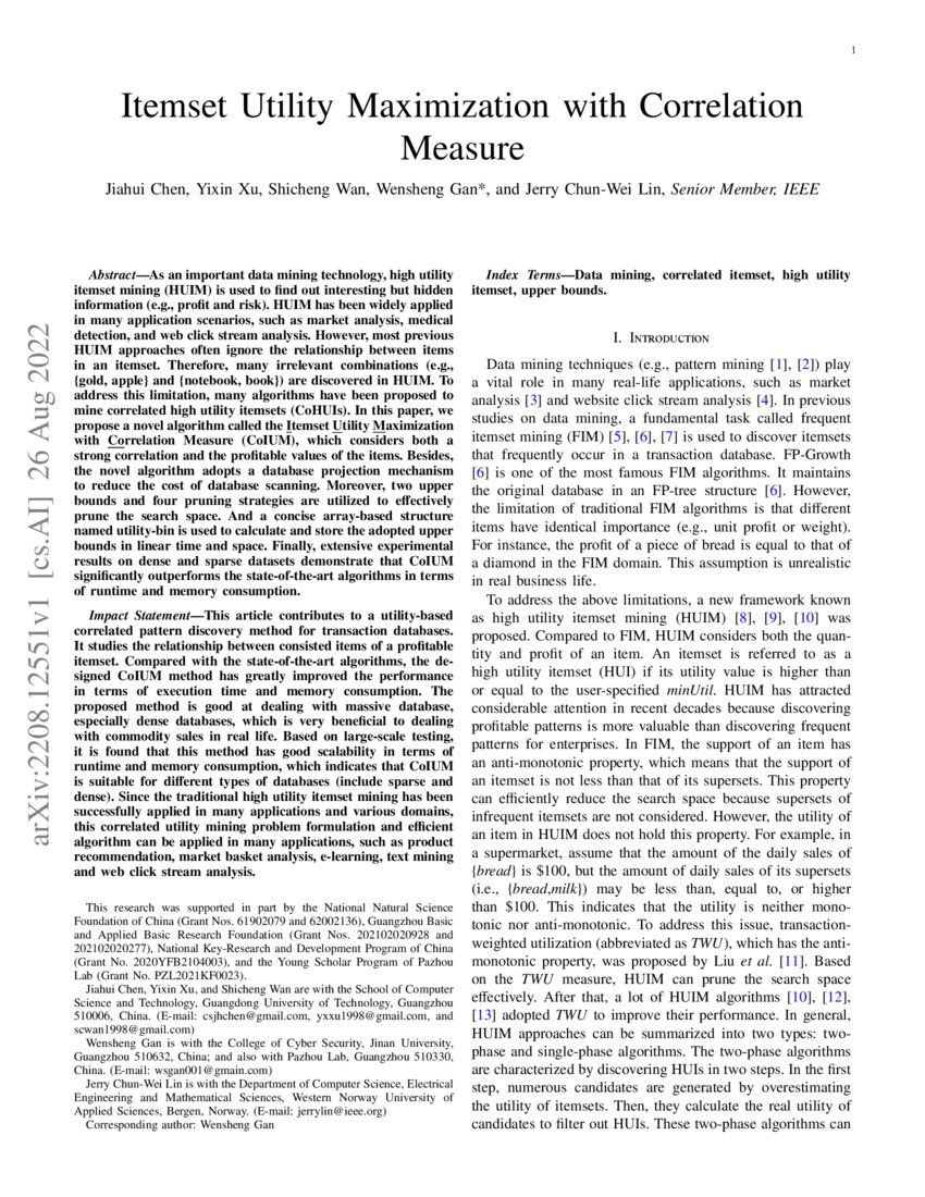 Itemset Utility Maximization with Correlation Measure | DeepAI