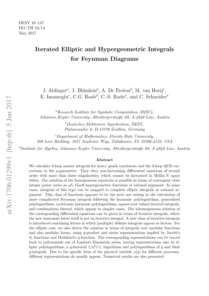 Iterated Elliptic And Hypergeometric Integrals For Feynman Diagrams Deepai