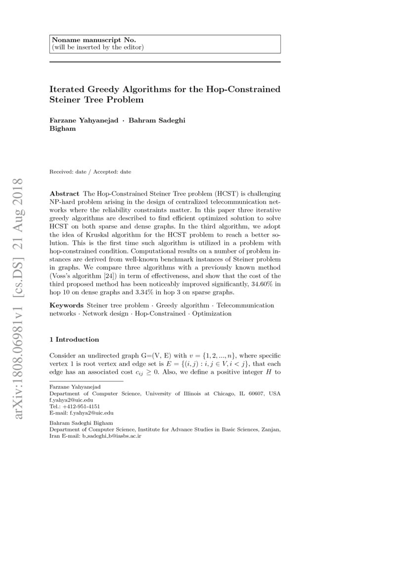 Iterated Greedy Algorithms For The Hop Constrained Steiner Tree Problem Deepai