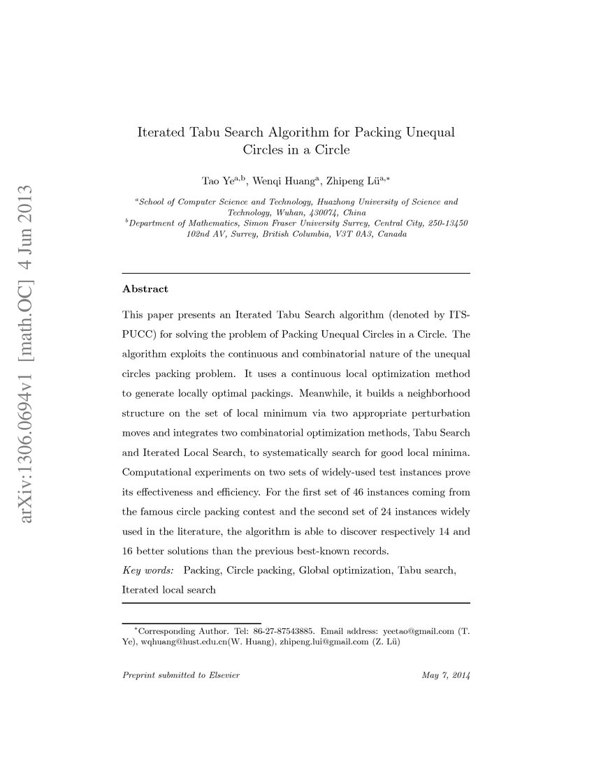Iterated Tabu Search Algorithm For Packing Unequal Circles In A Circle Deepai 
