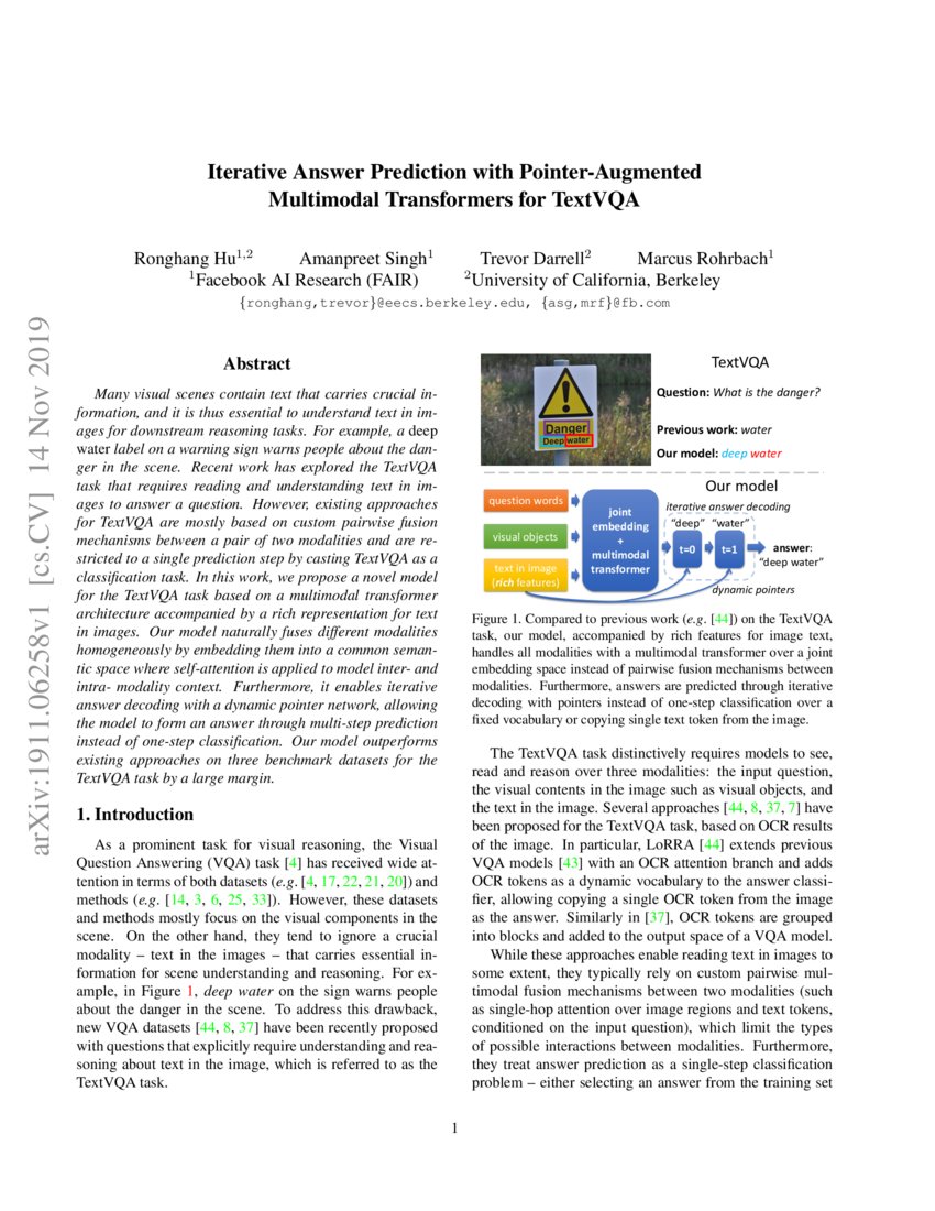 Iterative Answer Prediction With Pointer Augmented Multimodal Transformers For Textvqa Deepai