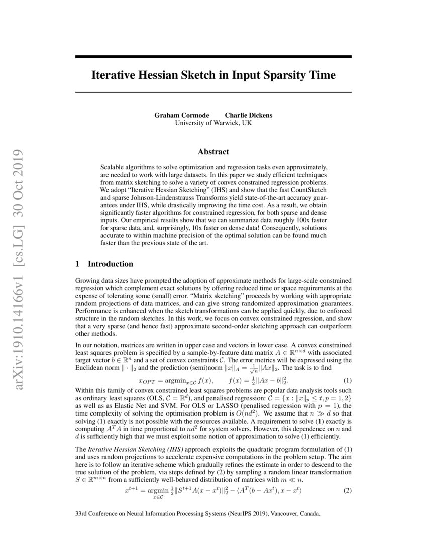 Iterative Hessian Sketch In Input Sparsity Time Deepai