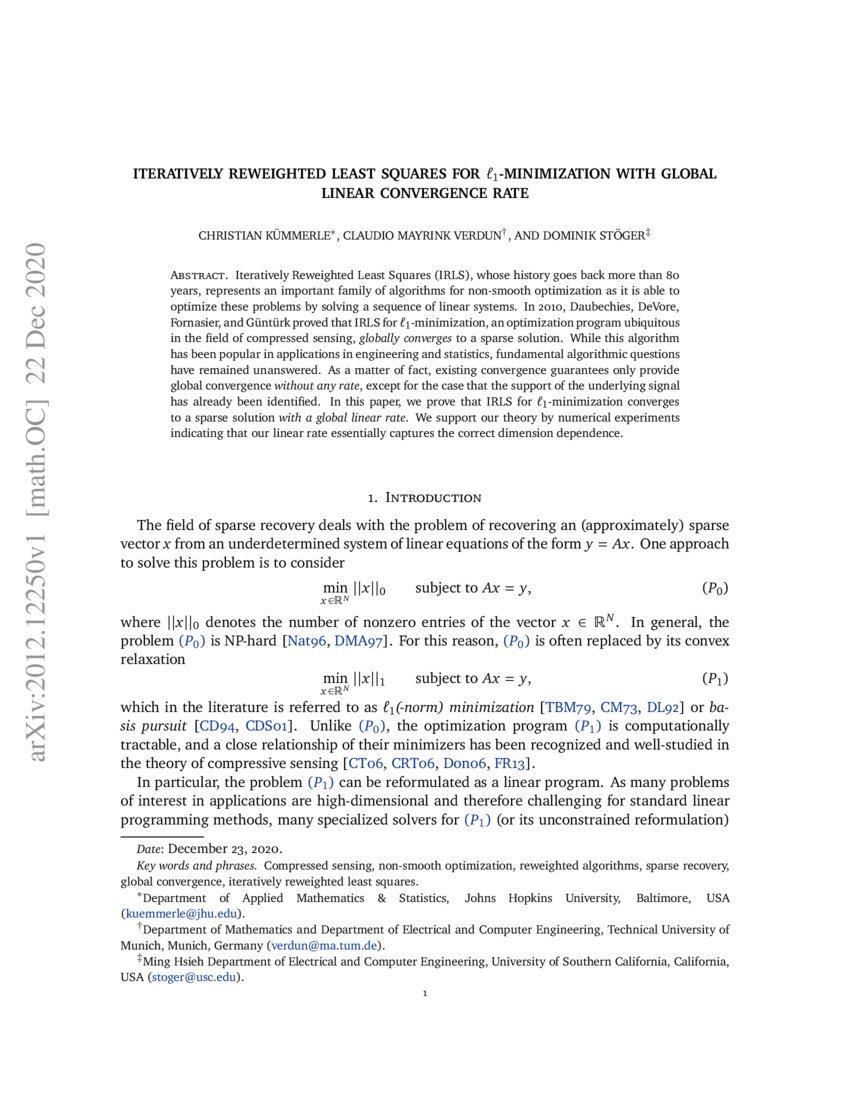 Iteratively Reweighted Least Squares for ℓ_1-minimization with Global Linear Convergence Rate ...