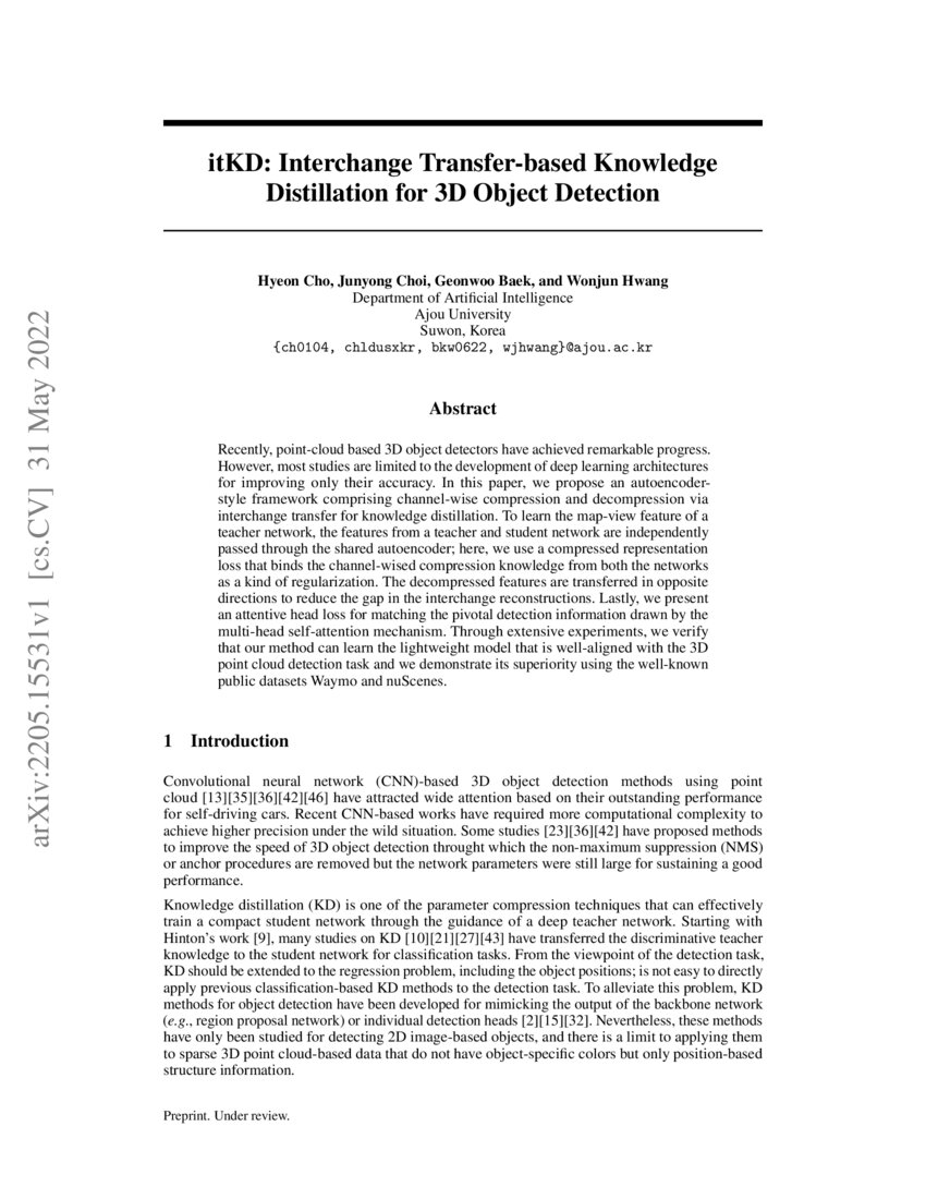 itKD: Interchange Transfer-based Knowledge Distillation for 3D Object Detection | DeepAI