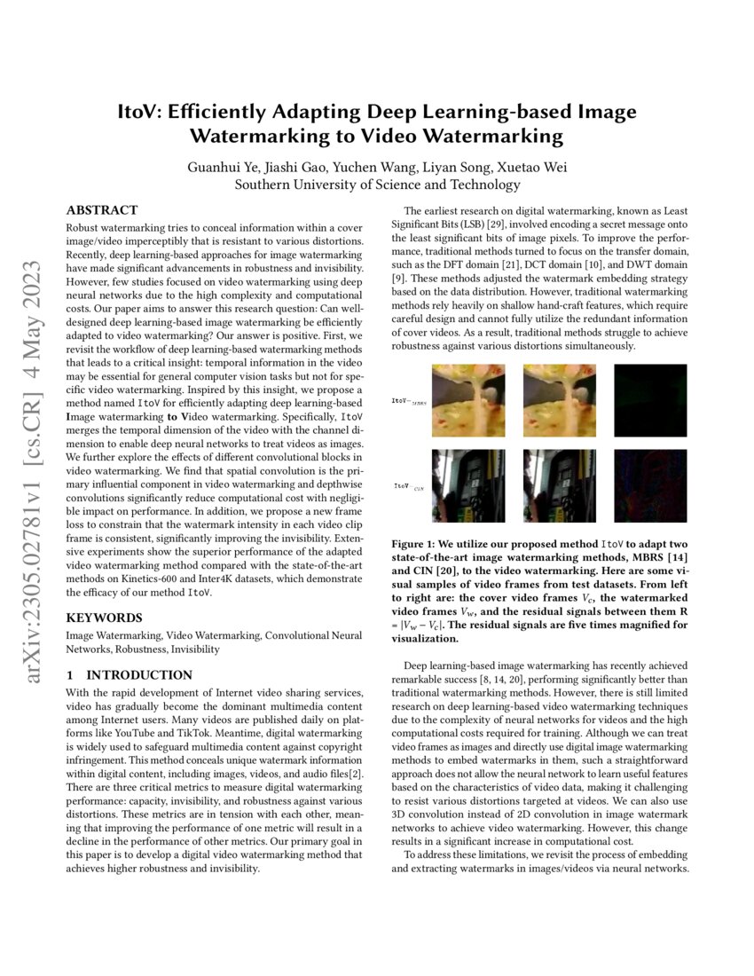 ItoV: Efficiently Adapting Deep Learning-based Image Watermarking to Video Watermarking | DeepAI