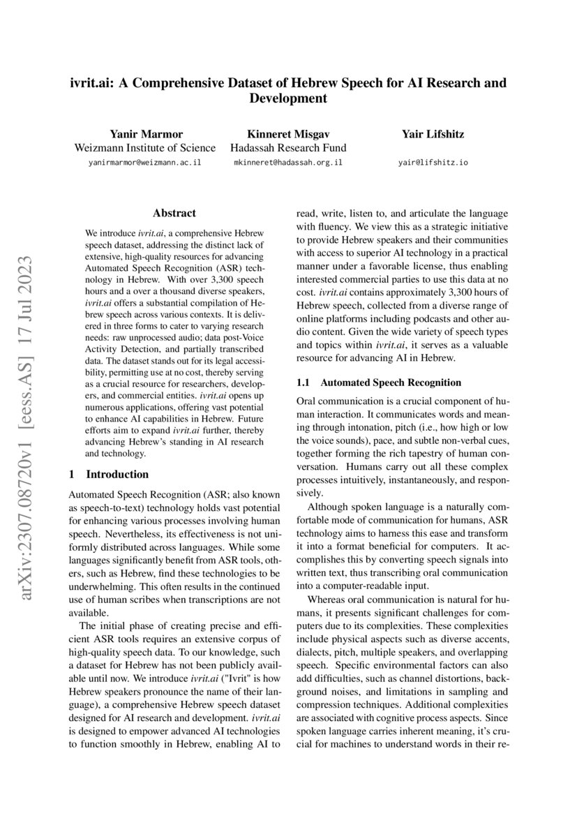 ivrit.ai: A Comprehensive Dataset of Hebrew Speech for AI Research and Development | DeepAI