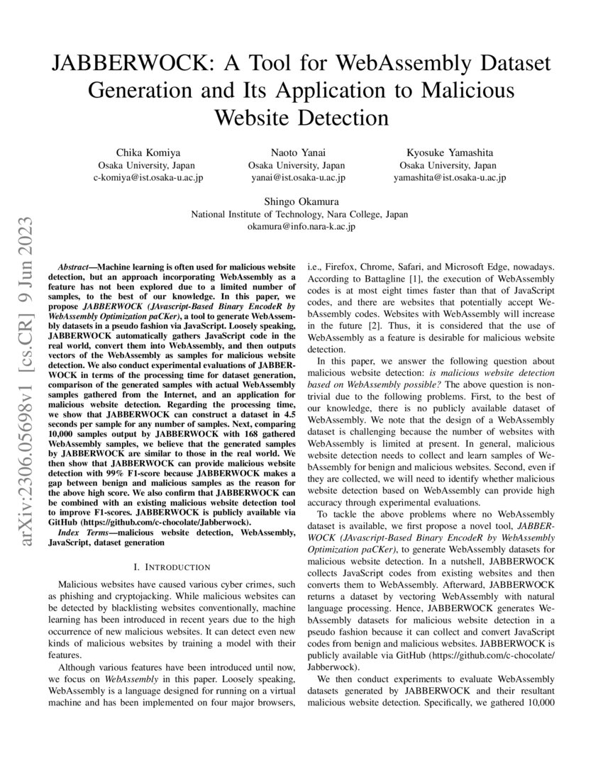 Jabberwock A Tool For Webassembly Dataset Generation And Its Application To Malicious Website