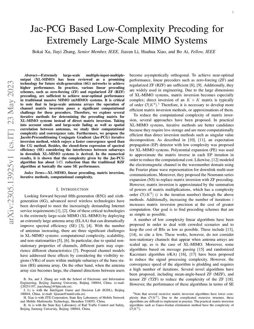 Jac Pcg Based Low Complexity Precoding For Extremely Large Scale Mimo Systems Deepai