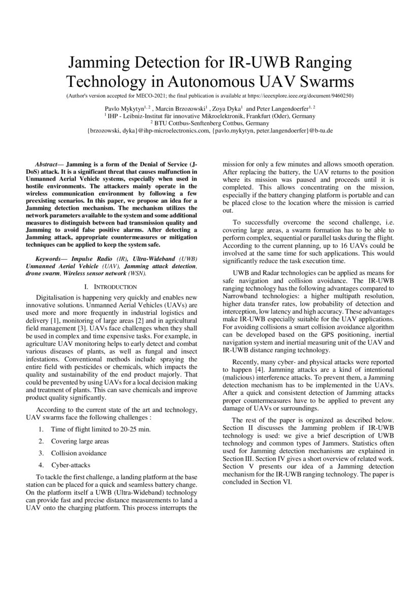 Jamming Detection for IR-UWB Ranging Technology in Autonomous UAV Swarms | DeepAI
